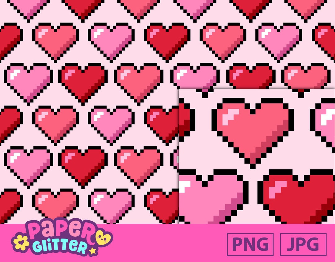 Seamless Pink Red Pixel Hearts Pattern: Printable Digital Paper Clip ...