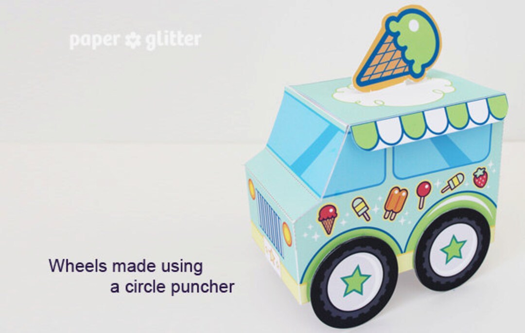 Ice Cream Party Favor Box Truck Paper Craft Toy Green - Editable Text ...