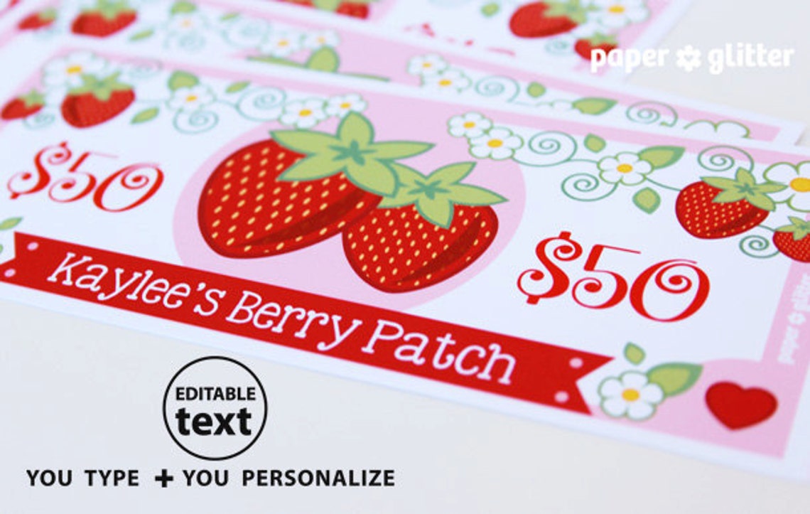 Strawberry Play Money Toy or Party Favor Printable PDF - Etsy