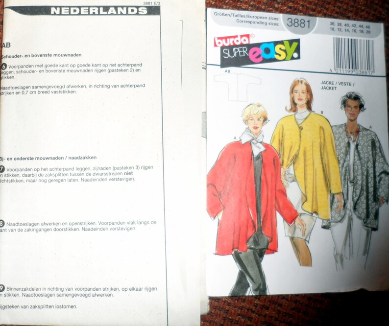 Vintage NEW BURDA Super Easy Pattern 3881/jackets in 3 Variations/sizes ...