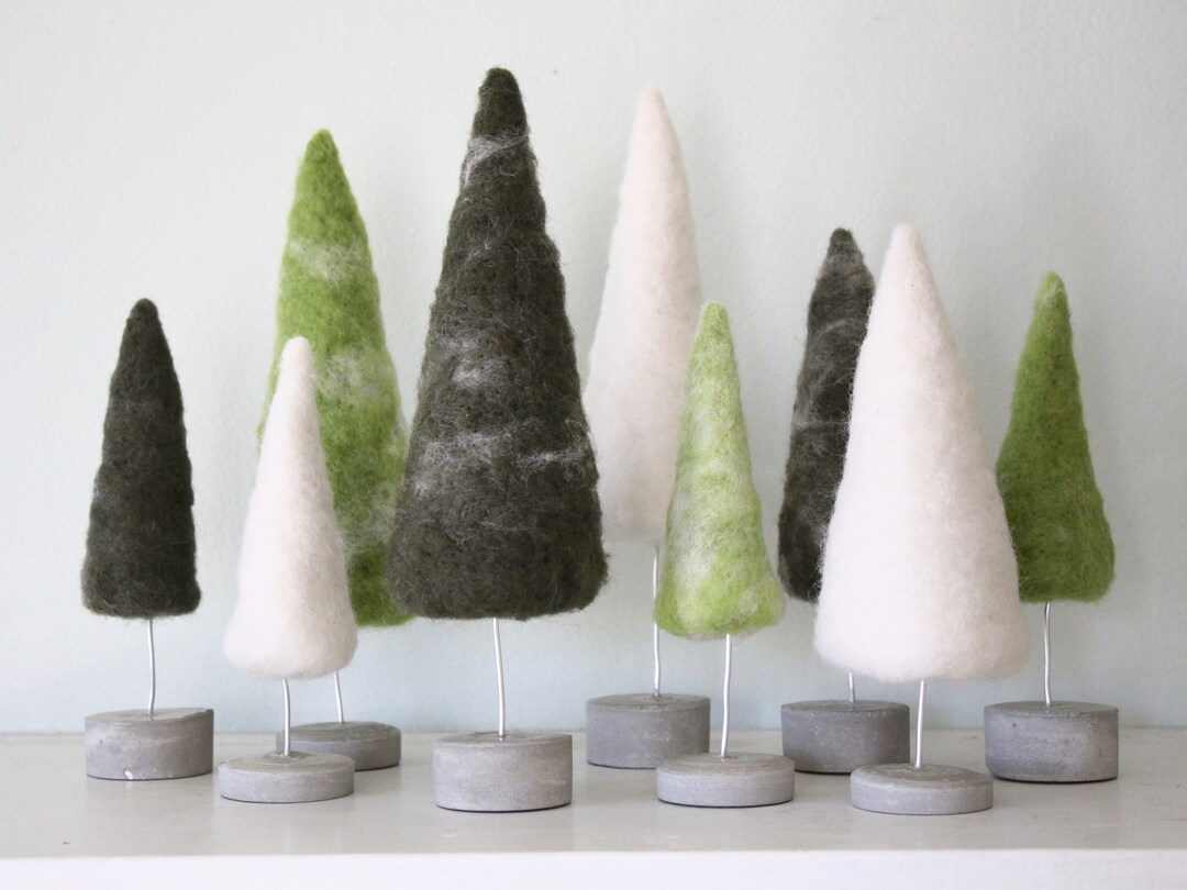 Felted Trees Seasonal Home Decor, Natural Green Tones With White - Etsy