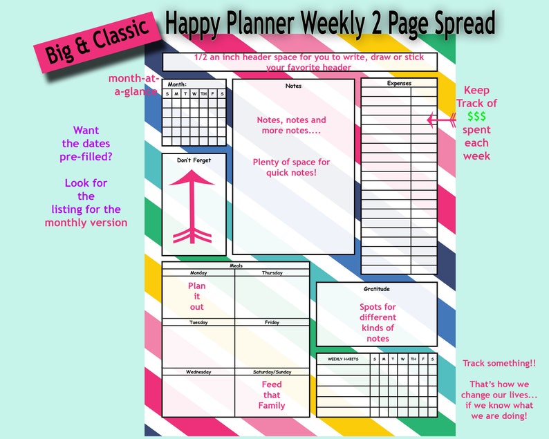 INSTANT DOWNLOAD Happy Planner Big & Classic Weekly Color - Undated - 2 ...