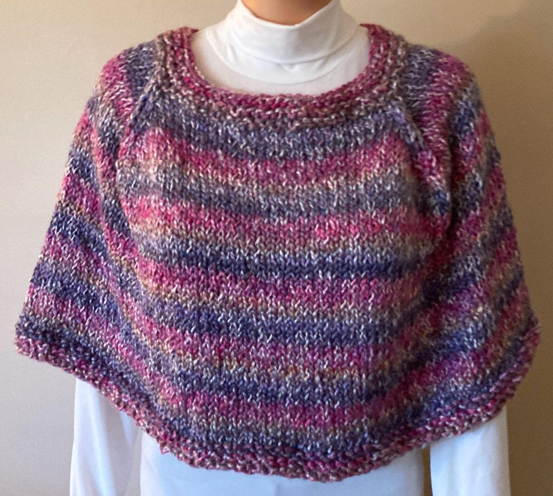 Ugly Red Blue Tan Knit Poncho Caplet Wrap, Hand Knit, Made in USA - Etsy
