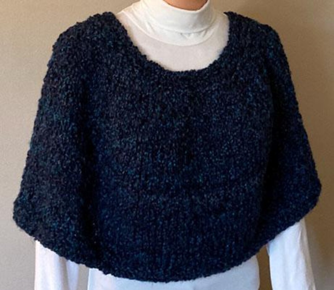 Dark Blue Knit Poncho Caplet Wrap, Hand Knit, Made in USA - Etsy