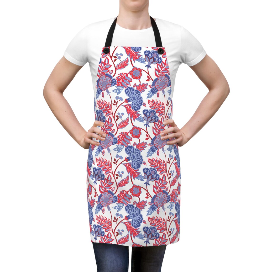 Block Print- Inspired Apron, Red White Blue Vintage Floral Motif ...