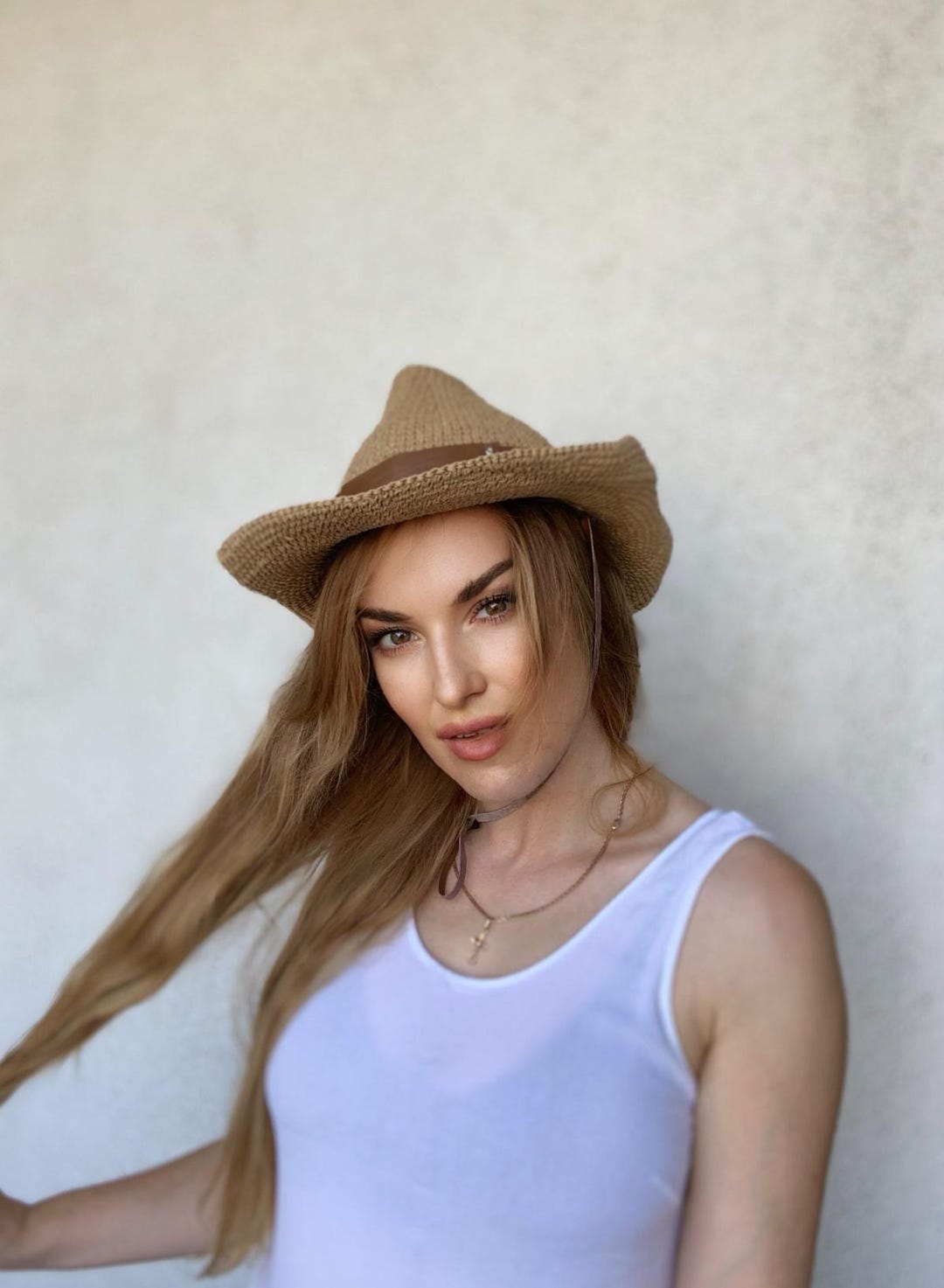 Cowboy Hat, Unisex Crochet, Decorated With Leather With Laces so Thet ...