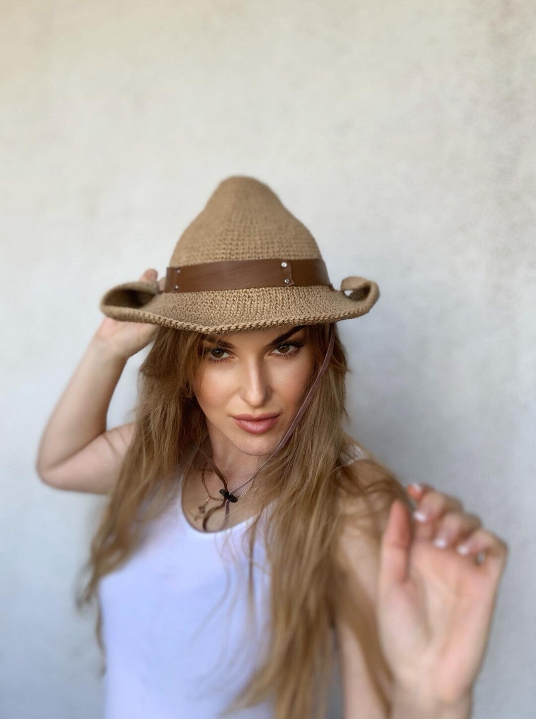 Cowboy Hat, Crochet, Decorated With Leather With Laces so Thet the Hat ...