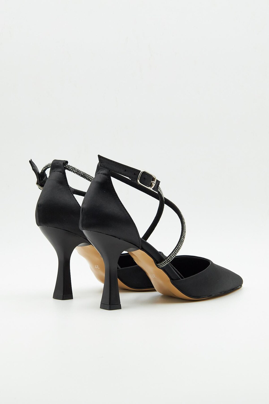 Tracer Black Satin Stone High Heels for Women – 8 Cm Heel, Cross Shiny ...