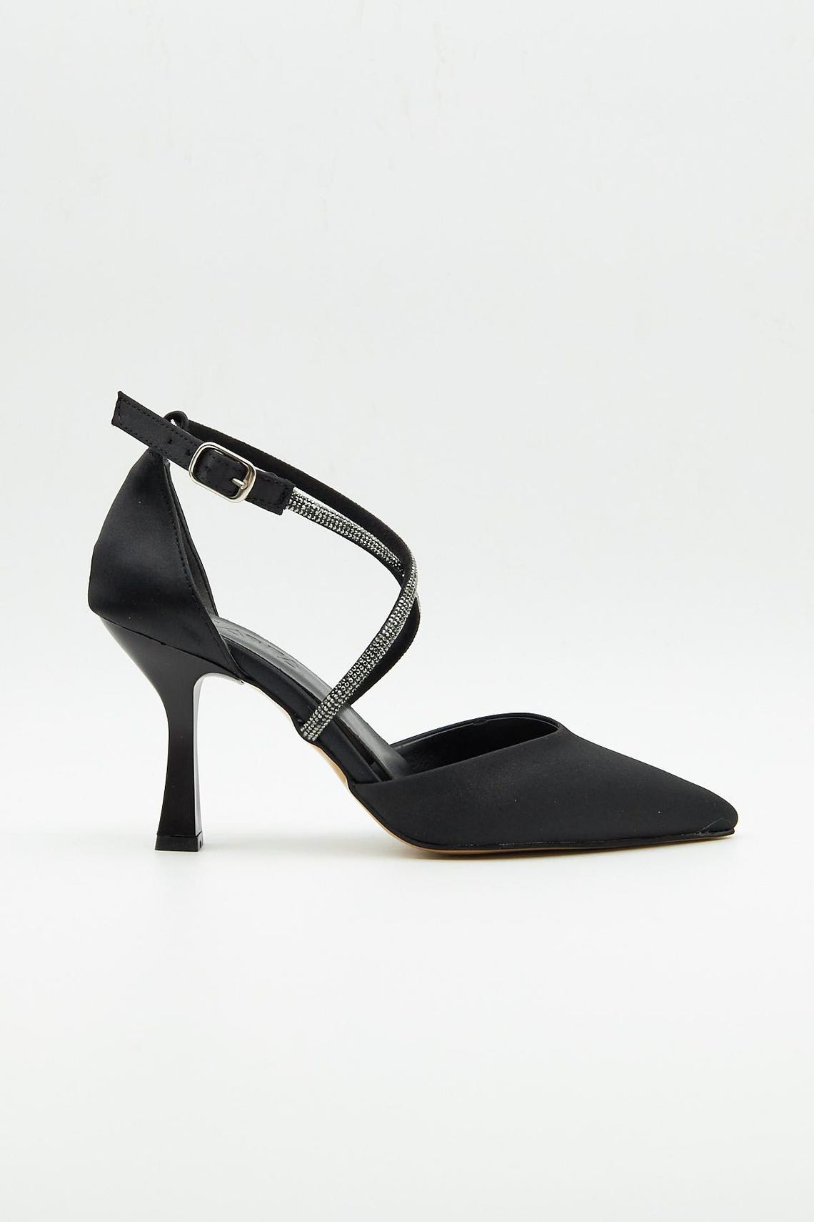 Tracer Black Satin Stone High Heels for Women – 8 Cm Heel, Cross Shiny ...