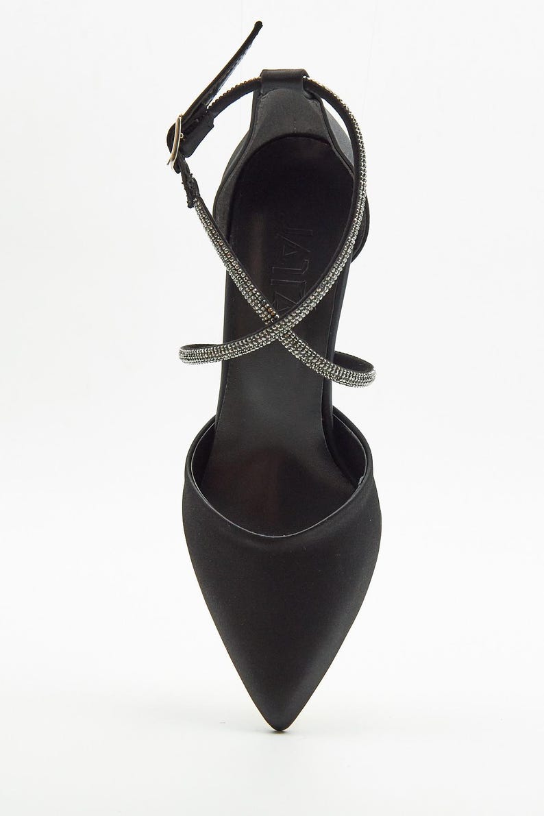 Tracer Black Satin Stone High Heels for Women – 8 Cm Heel, Cross Shiny ...