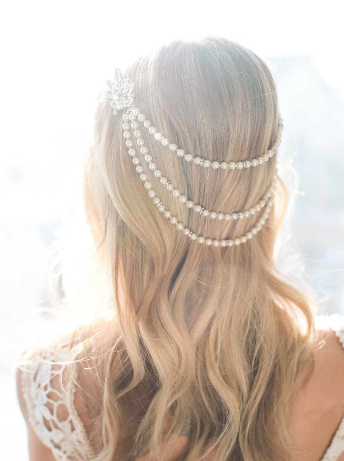 Pearl Bridal Hair Chain, Vintage Style Bridal Hair Wrap, Wedding Pearl ...