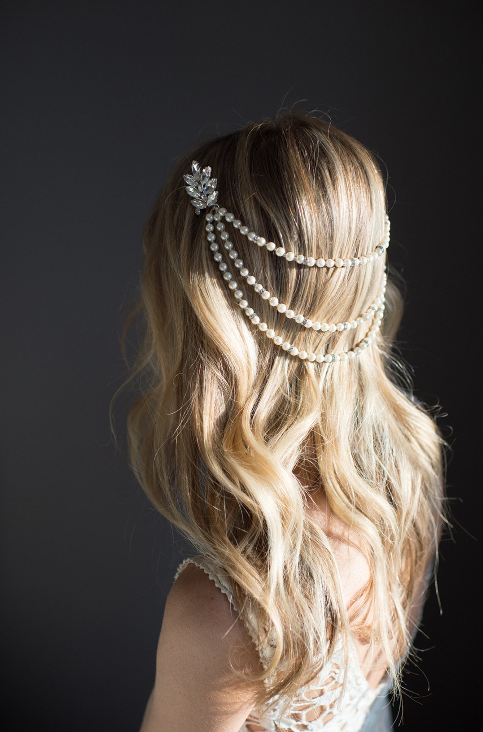 Pearl Bridal Hair Chain, Vintage Style Bridal Hair Wrap, Wedding Pearl ...