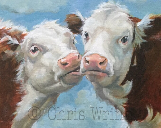 Cow Painting, 2 Cows Looking at Viewer, Herefords With Ladybugs on the ...