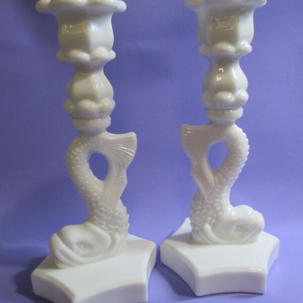 Milk Glass Dolphin Candlesticks - Etsy