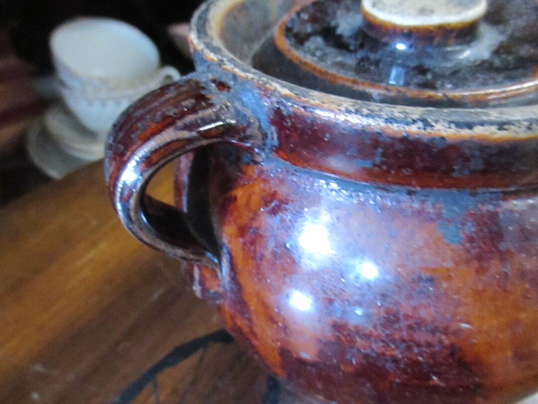 Vintage Antique BEAN POT & LID Brown Glaze Country Primitive Storage ...