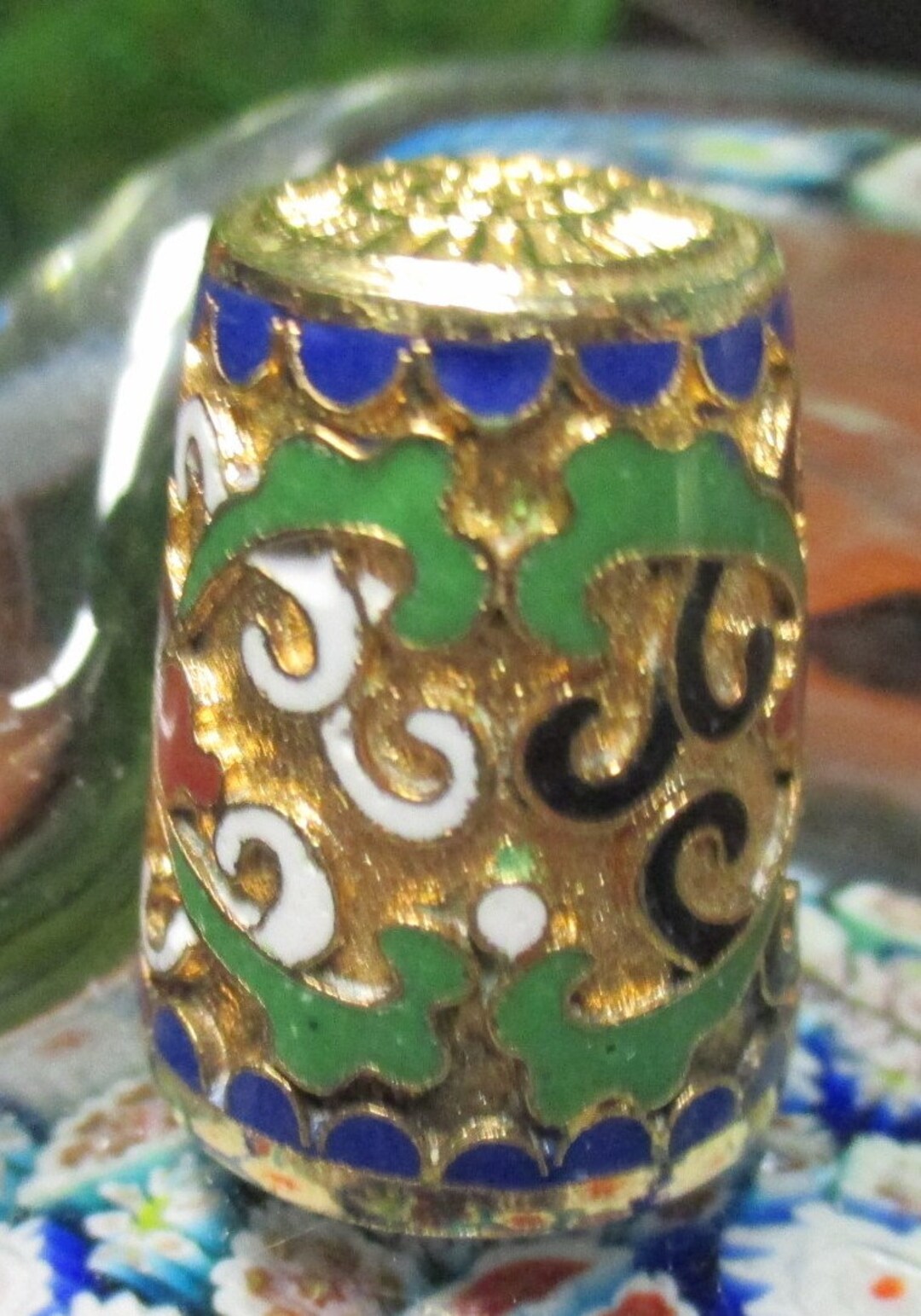 Vintage Fancy Enamel THIMBLE Sewing Accessory Blue Green Red White Gold ...
