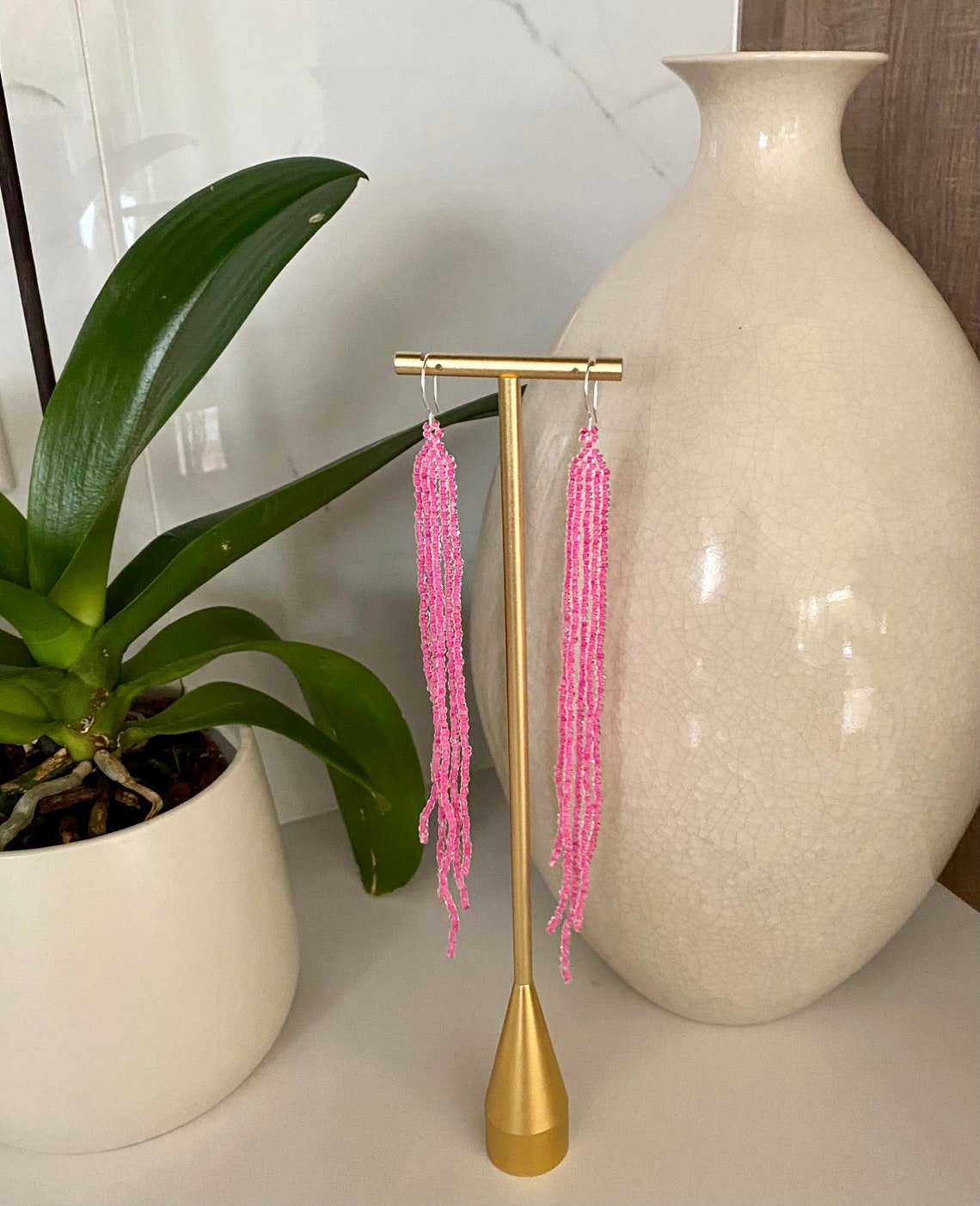 Neon Bright Pink Beaded Extra Long Fringe Statement Earrings - Etsy Denmark