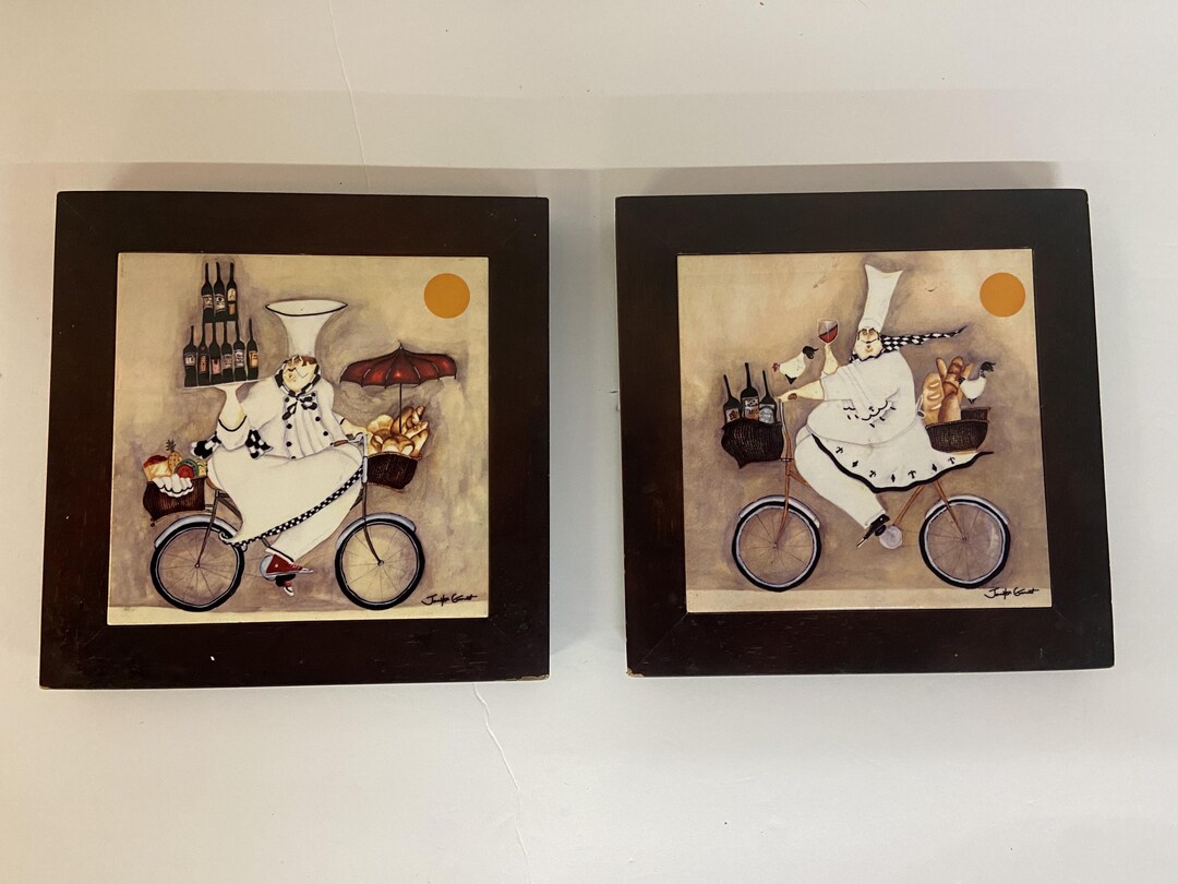 Set of 2 Jennifer Garant Fat Chef 8x8 Framed Art Tile Hanging Trivets ...