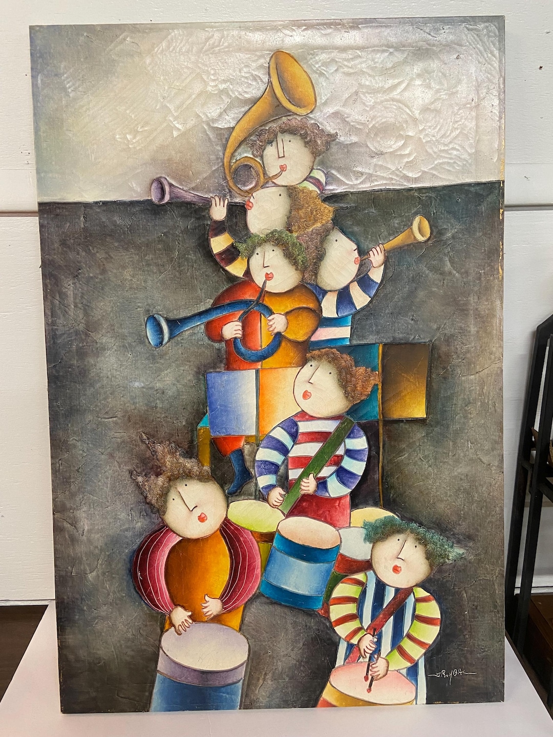 J. Roybal Oil Painting on Canvas 7 Children Playing Instruments Signed ...