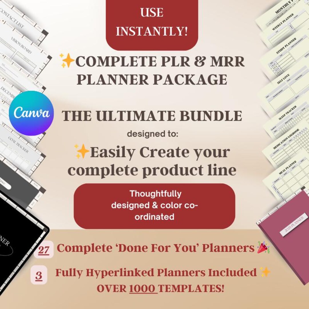 PLR & MRR Planner Bundle 1000 Editable Templates ADHD Mrr Resale Rights ...