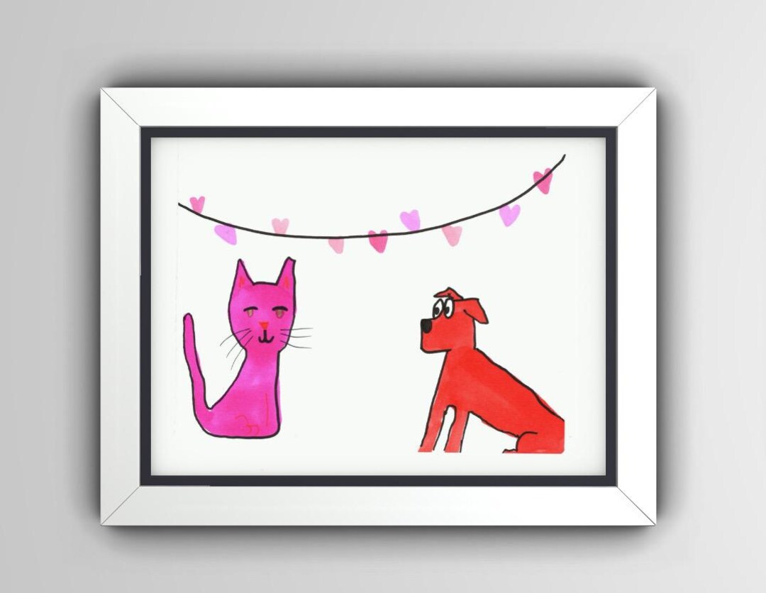 Cat and Dog Valentine's Day Art Print, Heart Garland - Etsy