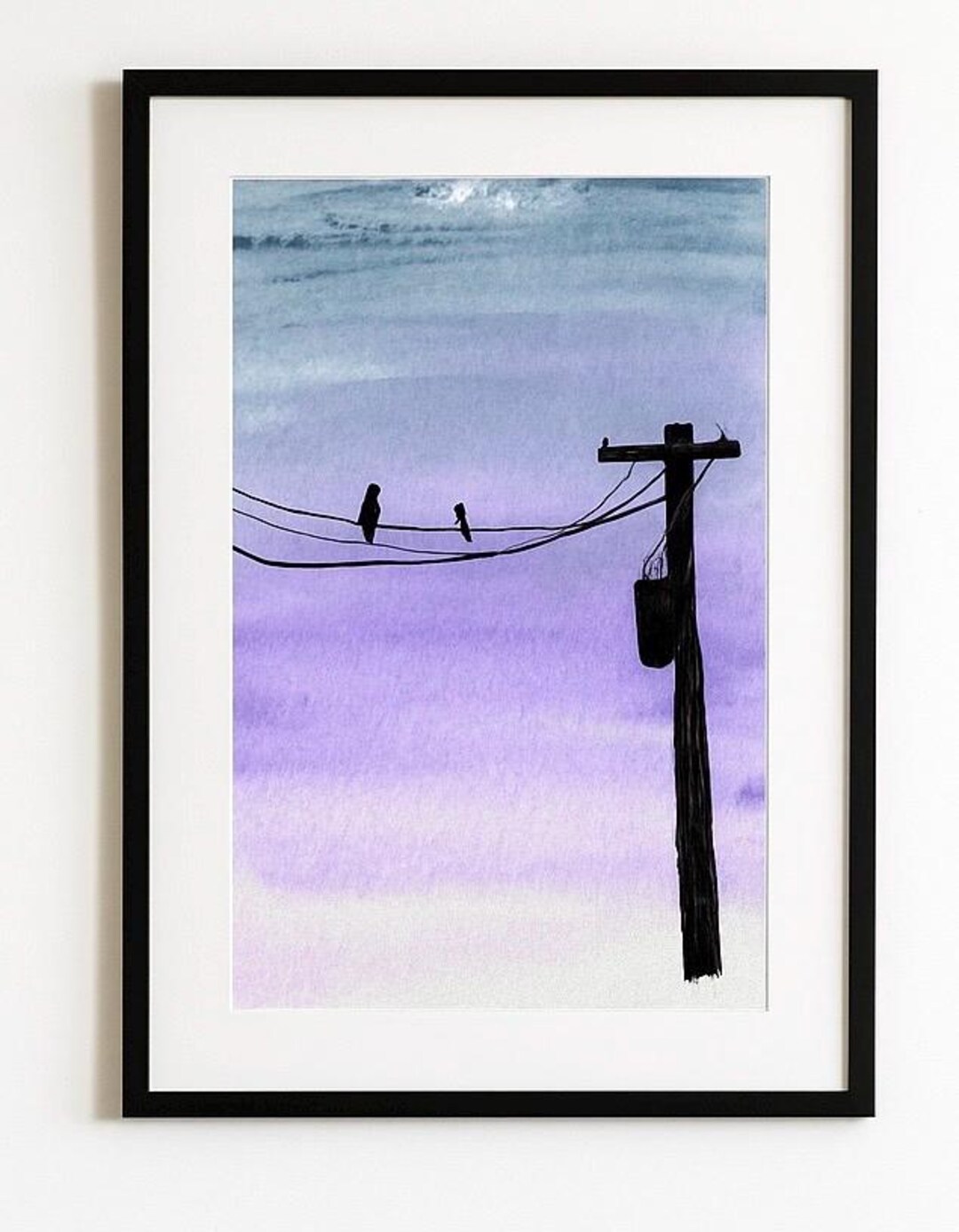 Birds on a Wire Watercolor Print – Minimalist Purple Sky Wall Art ...