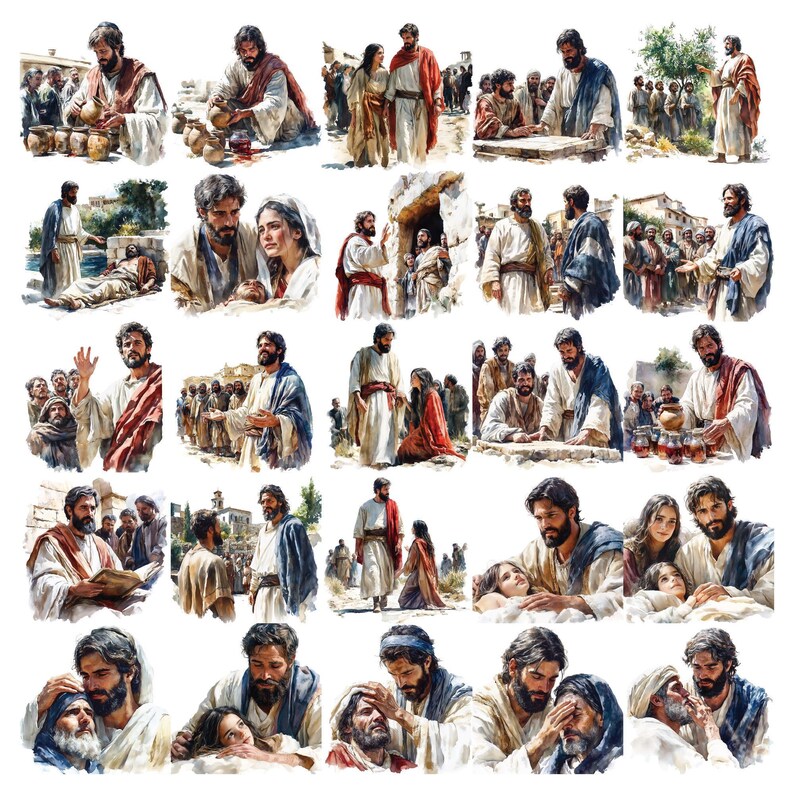 Miracles of Jesus Clipart, 50+ PNG Biblical Scenes, Digital Christian ...