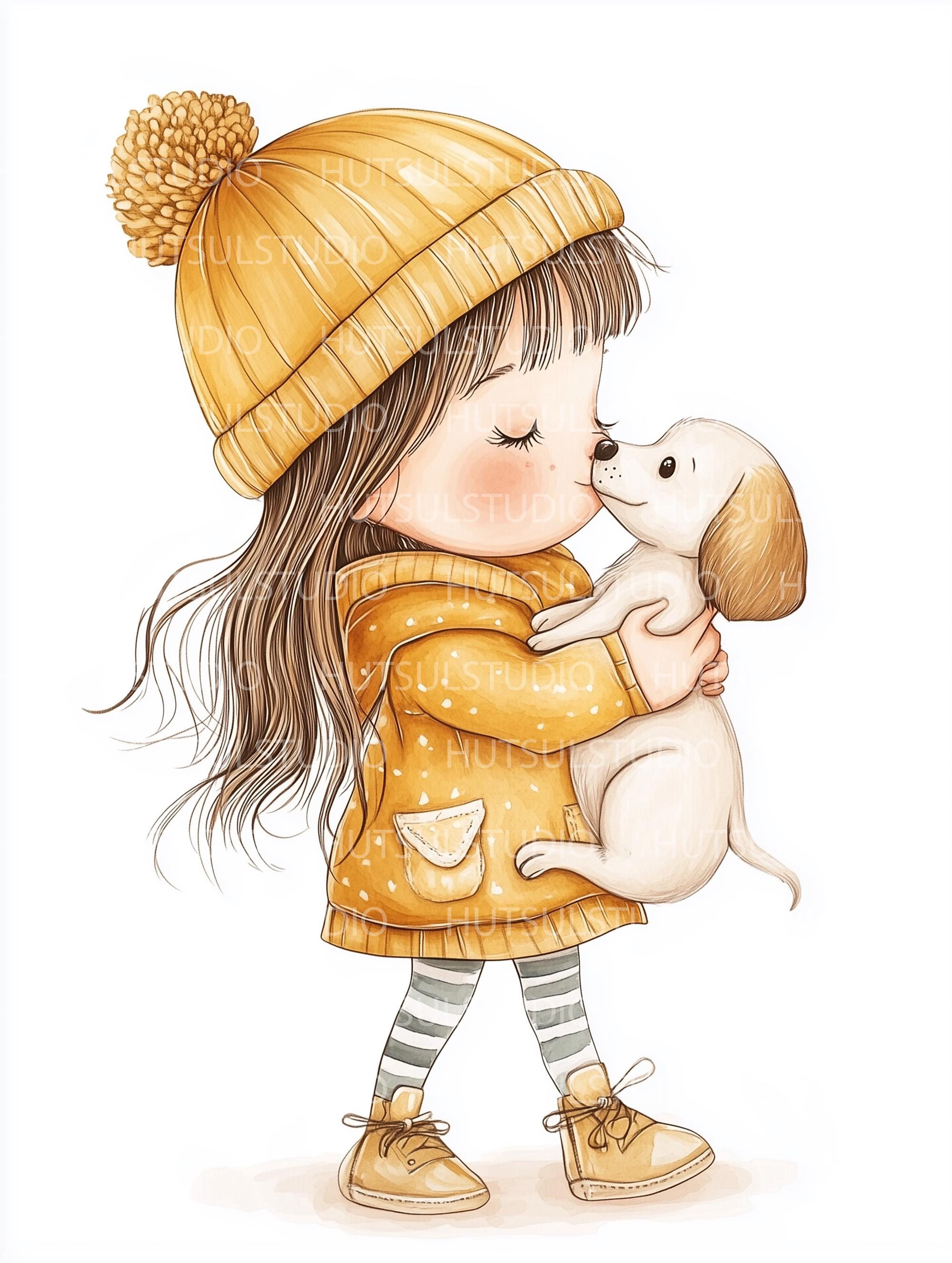 10PNG Cute Girl With Dog Clipart, Adorable Watercolor Art, Friendship ...