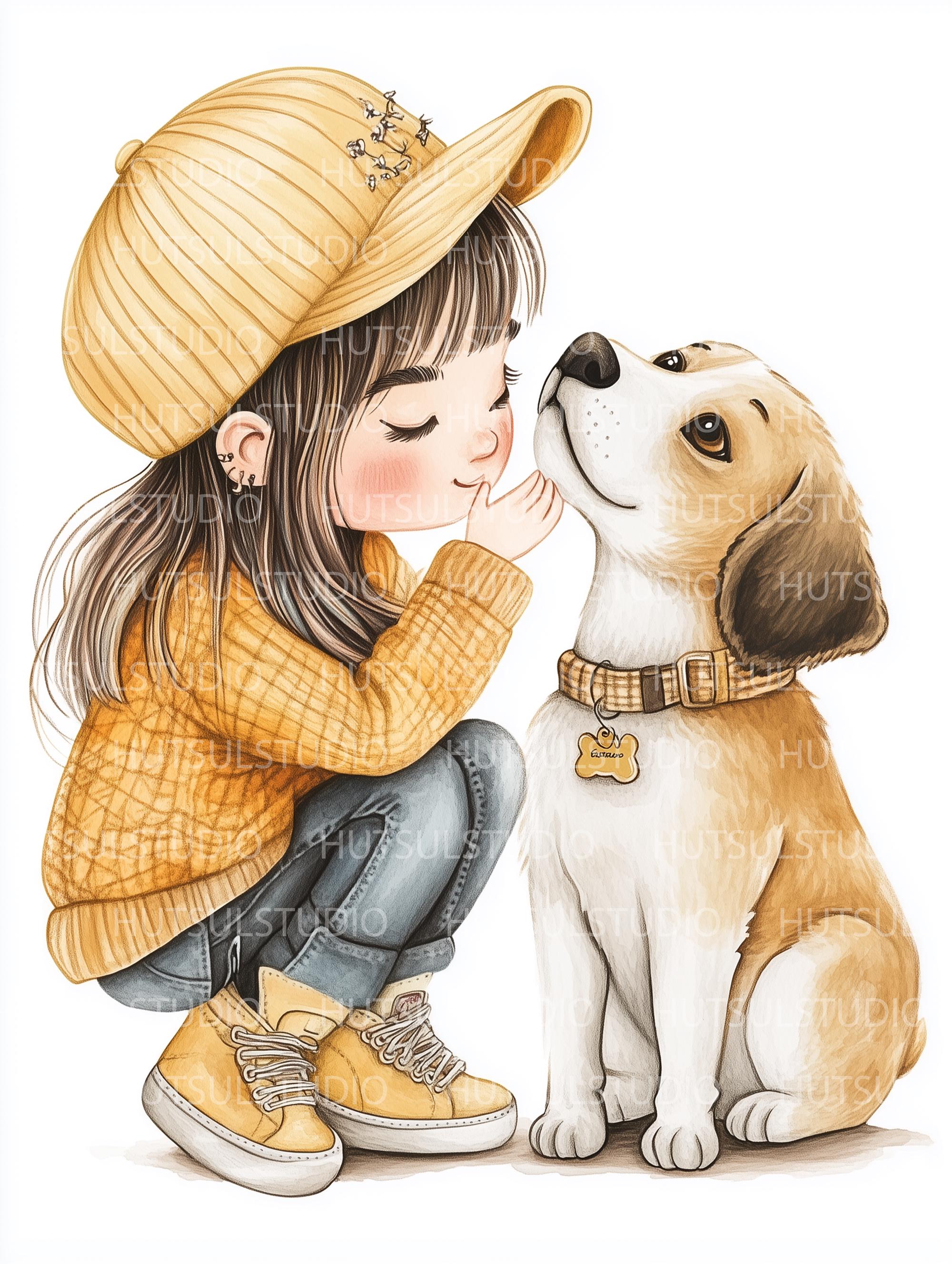 10PNG Cute Girl With Dog Clipart, Adorable Watercolor Art, Friendship ...