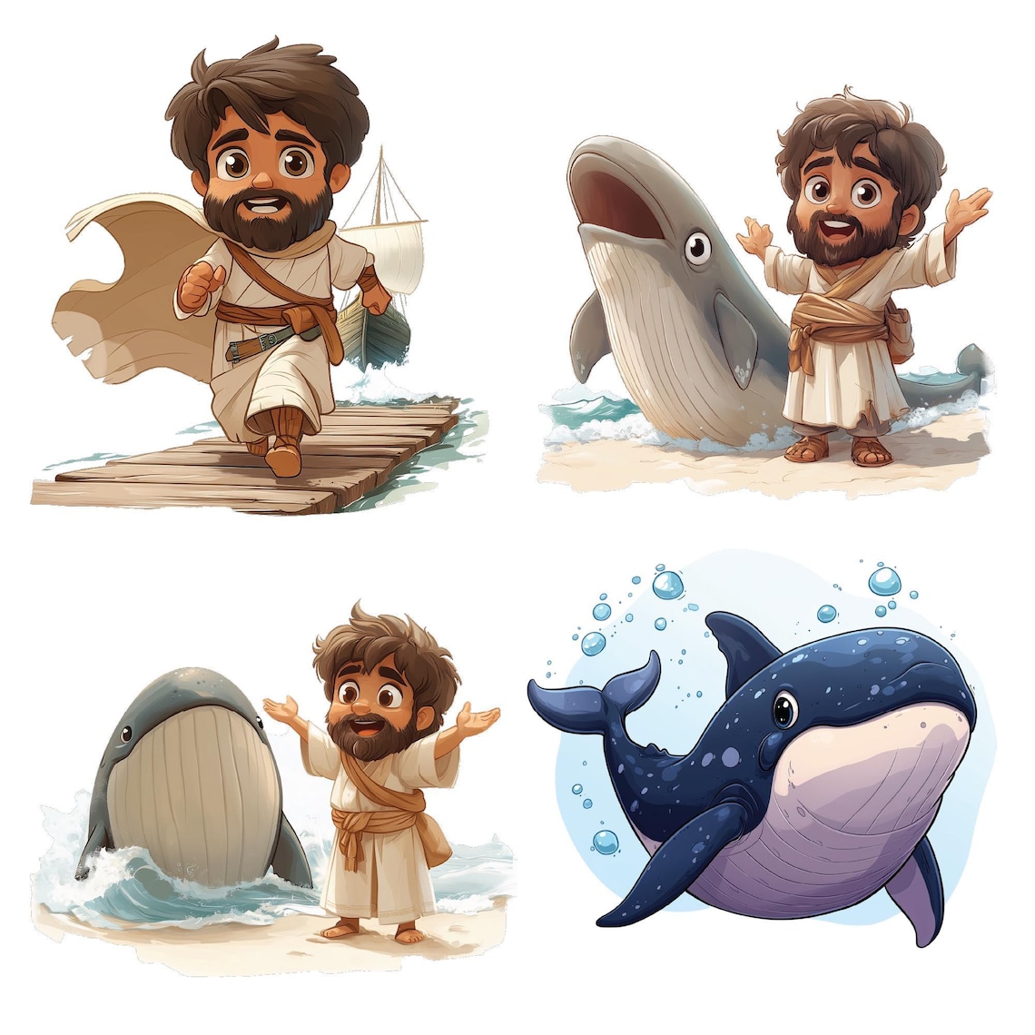 Jonah and the Whale Bible Story Clipart, Cartoon Christian PNG Set ...