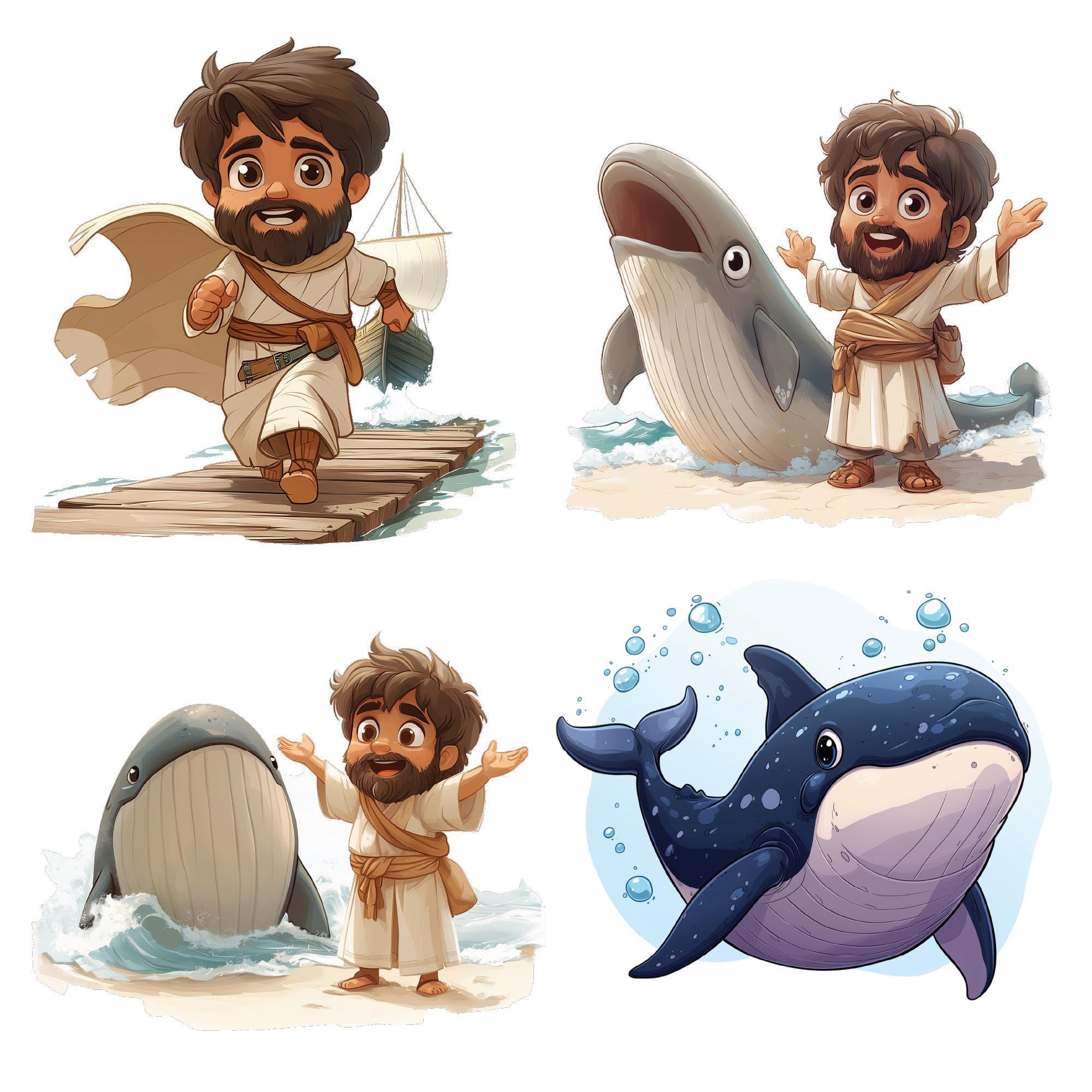 Jonah and the Whale Bible Story Clipart, Cartoon Christian PNG Set ...