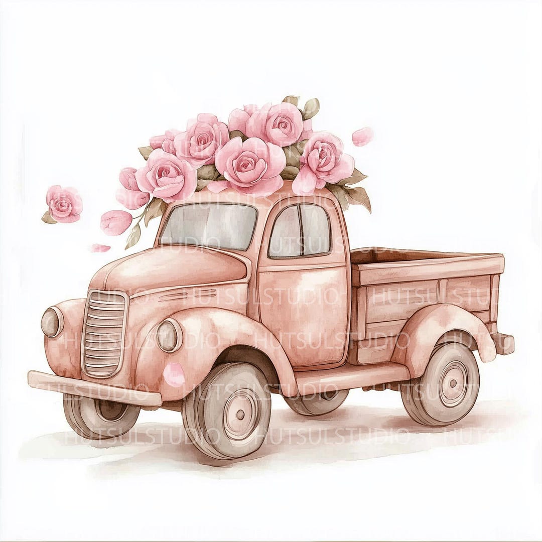 10PNG Vintage Pink Truck Clipart, Romantic Watercolor Truck With Roses ...