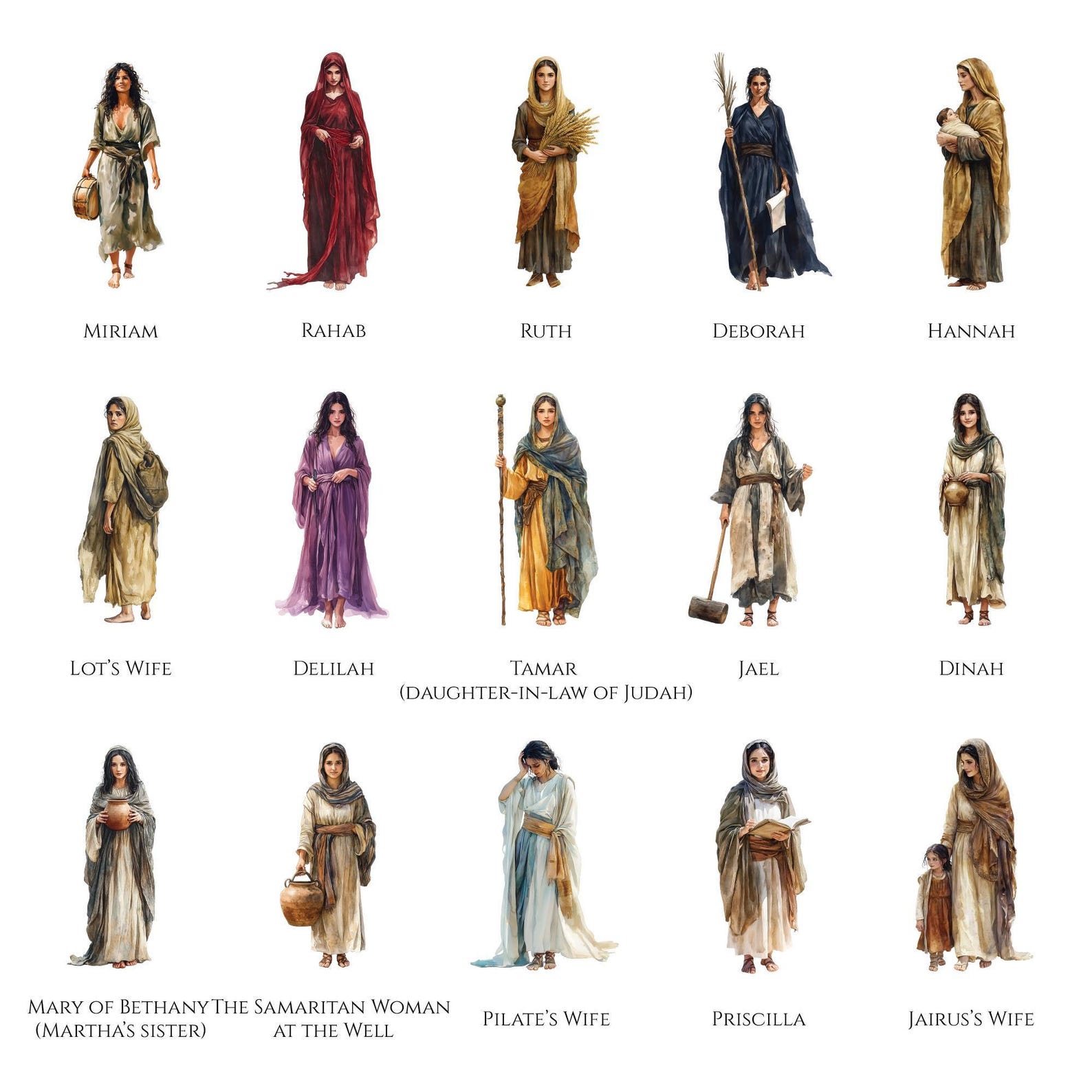 30 Biblical Female Characters, Women of the Bible Clipart Bundle ...