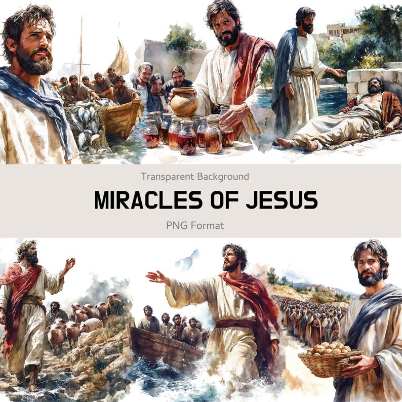 Miracles of Jesus Clipart, 50+ PNG Biblical Scenes, Digital Christian ...