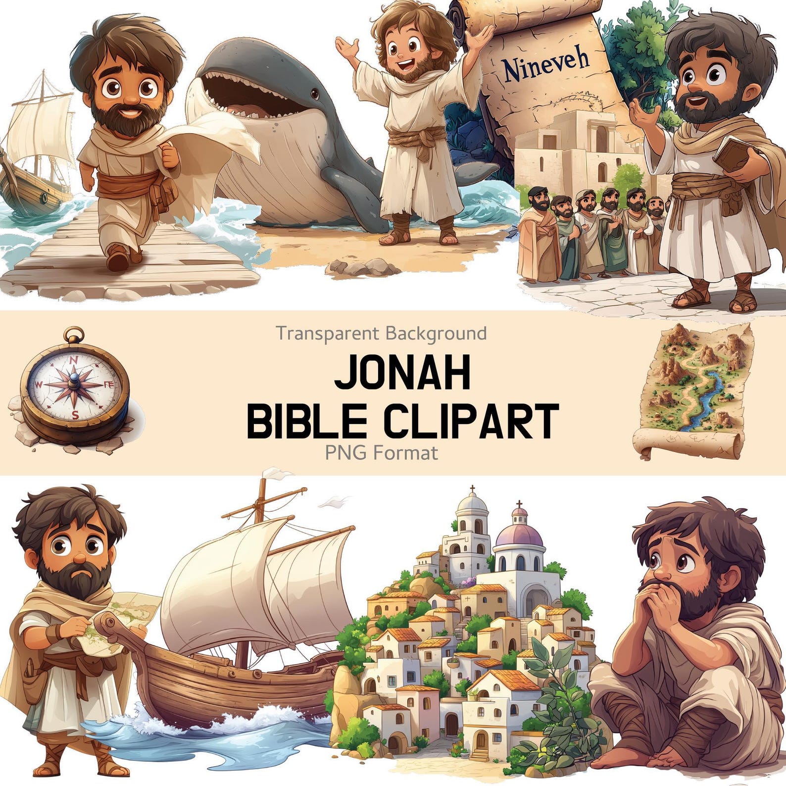 Jonah and the Whale Bible Story Clipart, Cartoon Christian PNG Set ...