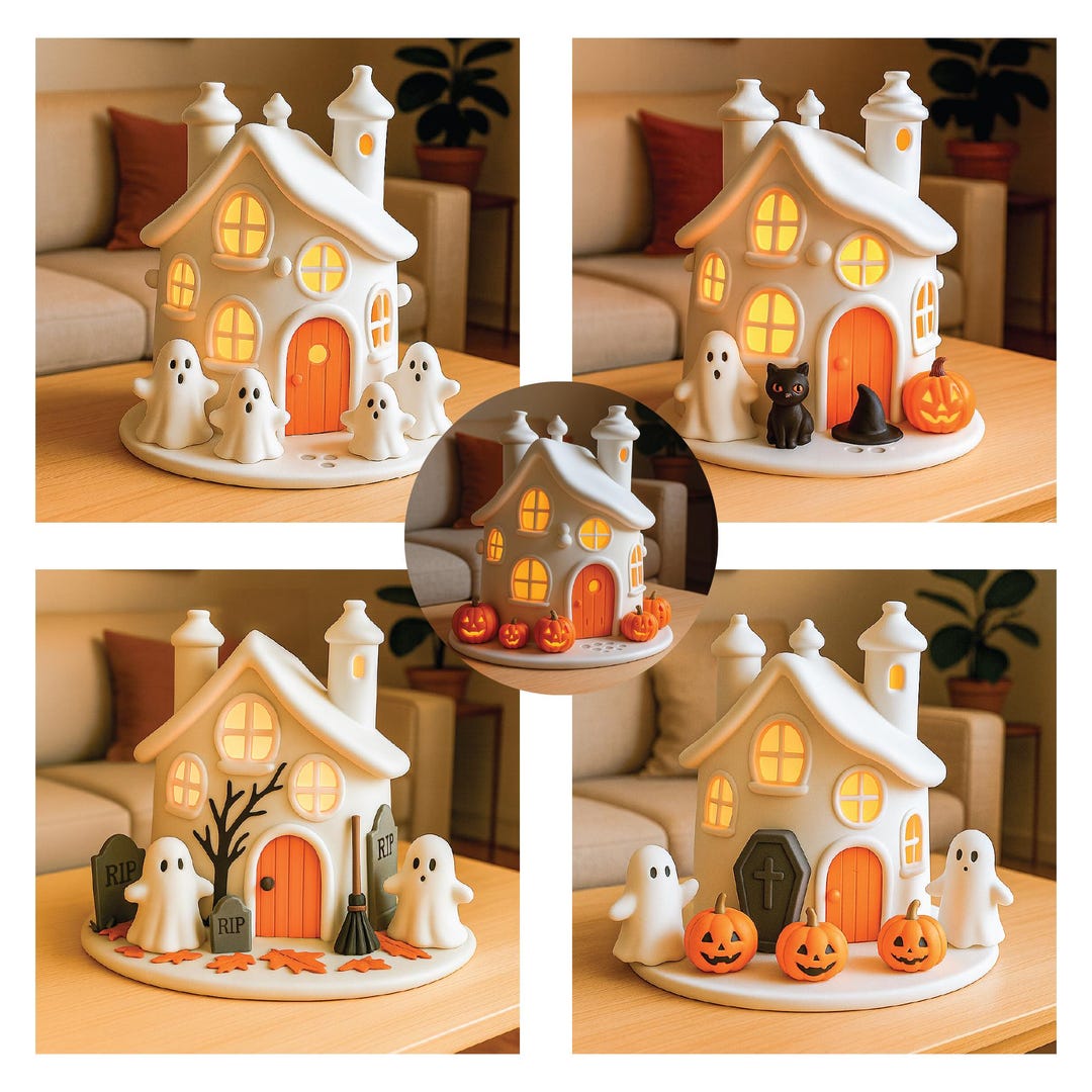 Haunted House Pumpkin Lantern STL Bundle, Set of 5 Halloween Tealight ...