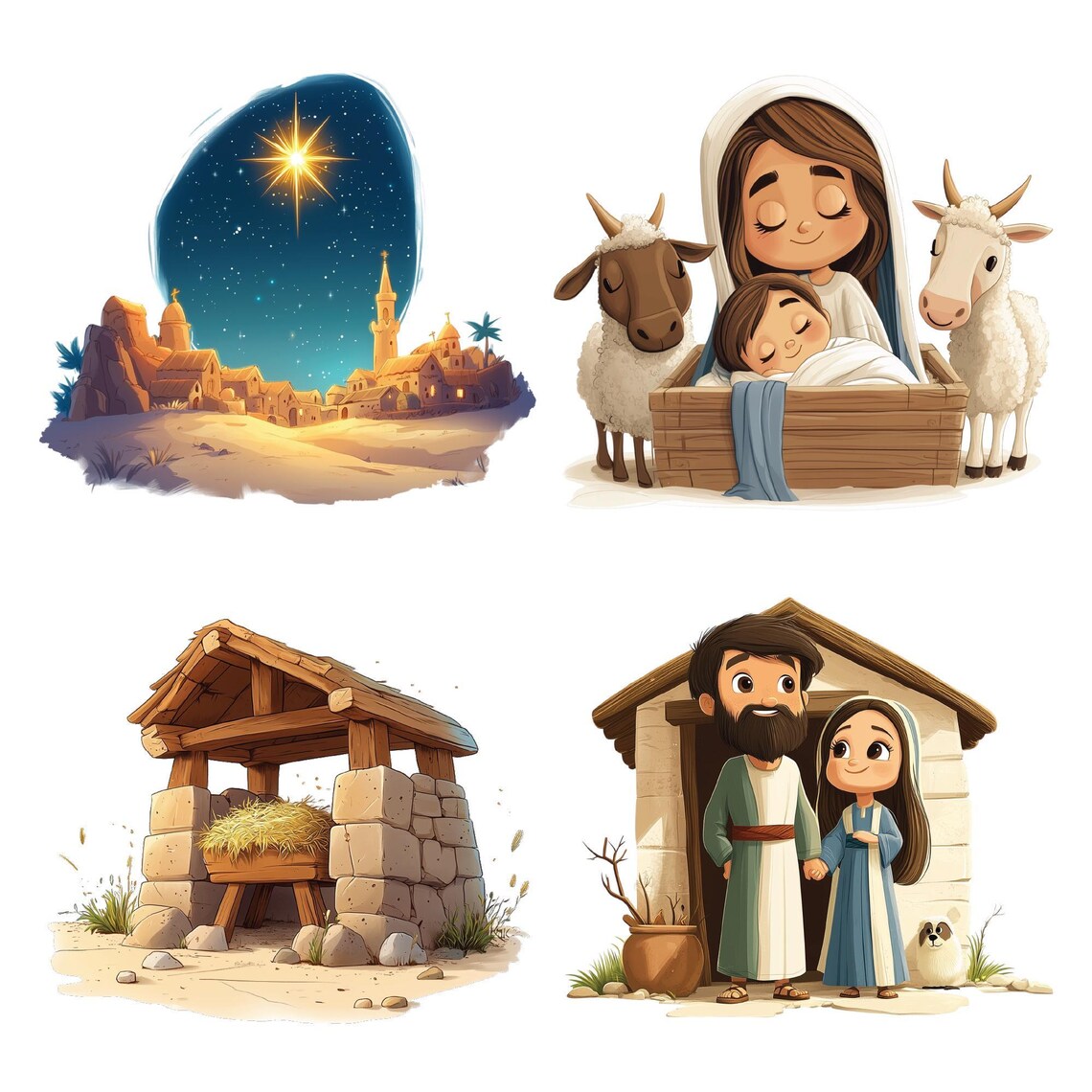 Christmas Bible Cartoon Clipart, Nativity and Jesus Birth PNG Set for ...