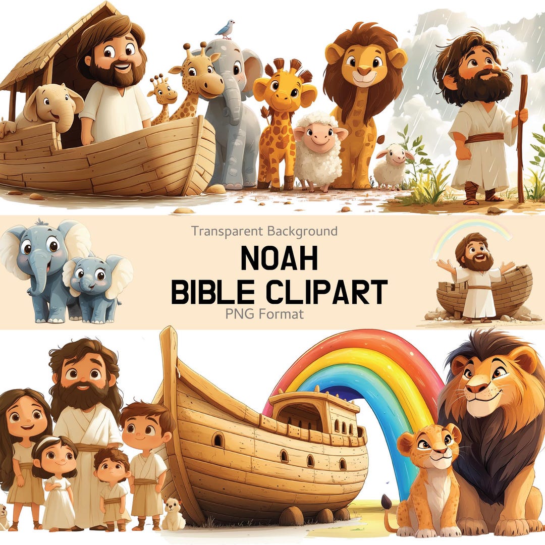 Noah Bible Story Clipart, Cute Cartoon Christian PNG Set With Noah’s ...
