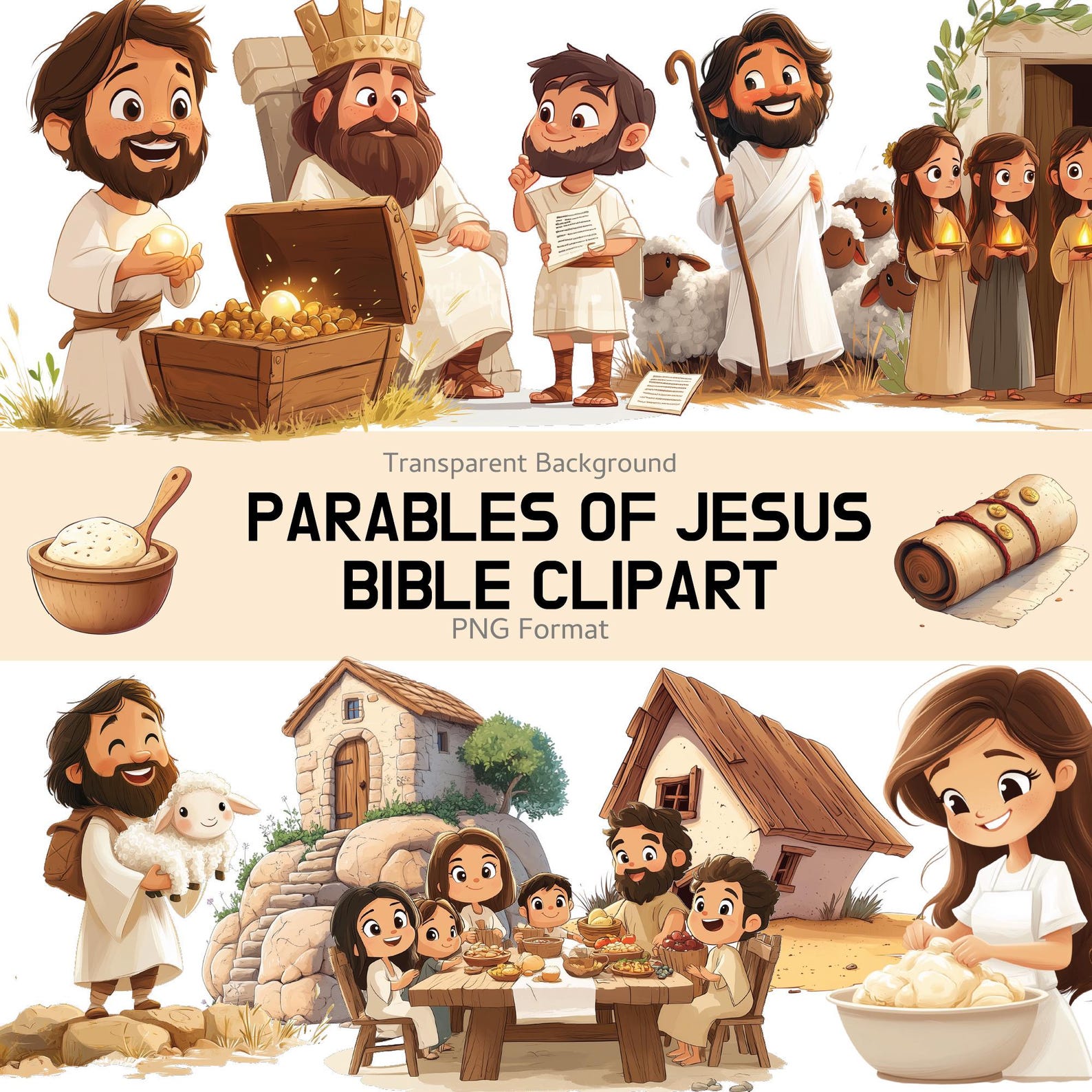 Parables of Jesus Cartoon Clipart, Cute Bible Story PNG Set for Kids ...