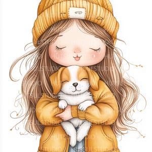 Cute Girl and Puppy Clipart, Best Friends Illustration, Dog Mom Clipart ...