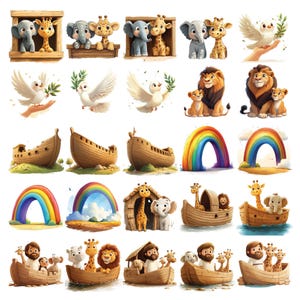 Noah Bible Story Clipart, Cute Cartoon Christian PNG Set With Noah’s ...