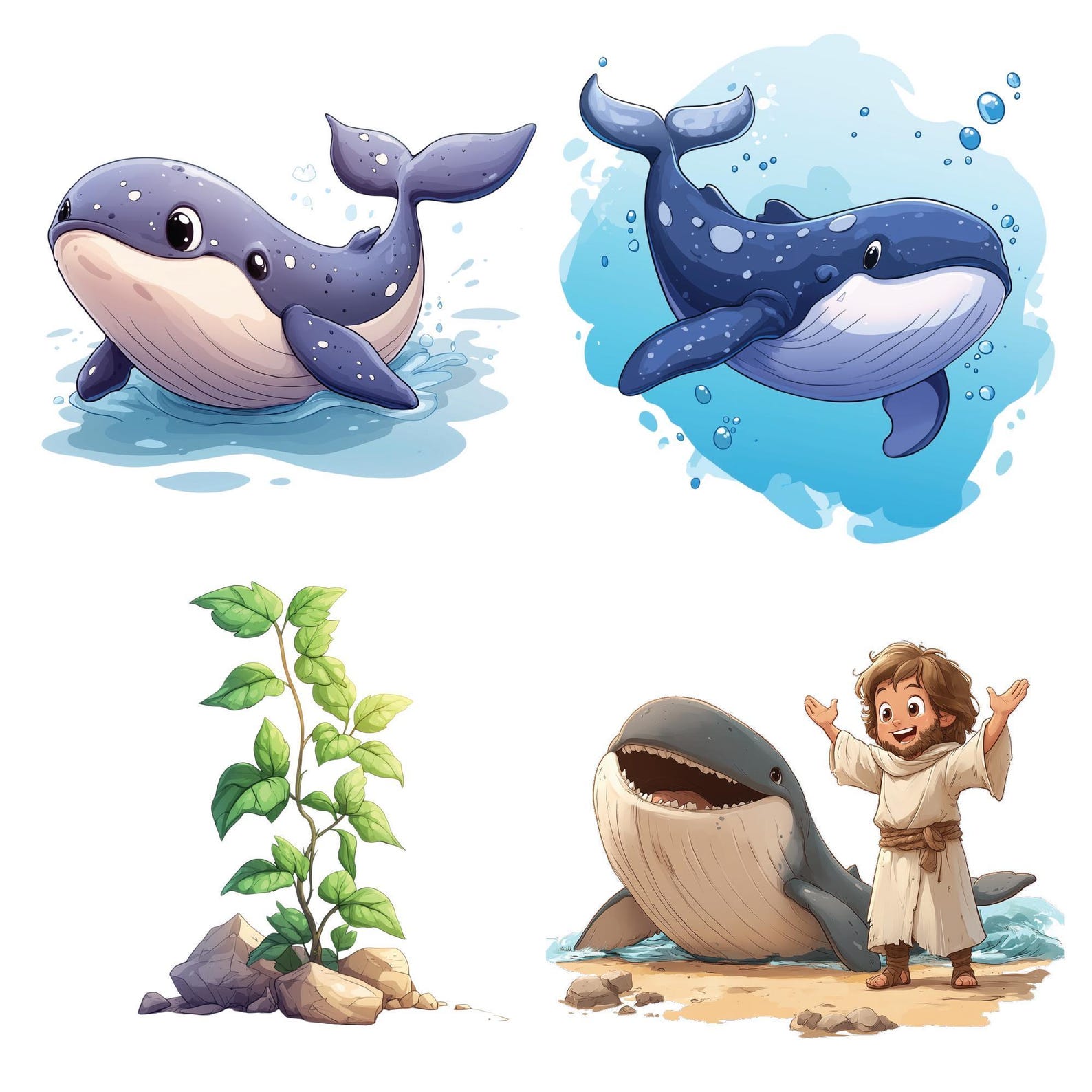 Jonah and the Whale Bible Story Clipart, Cartoon Christian PNG Set ...