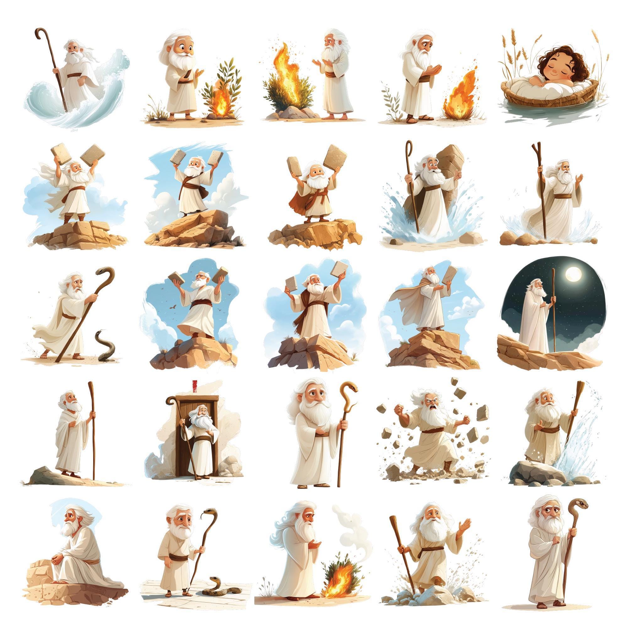Moses Bible Story Clipart, Cute Cartoon Christian PNG Set, Kids Bible ...
