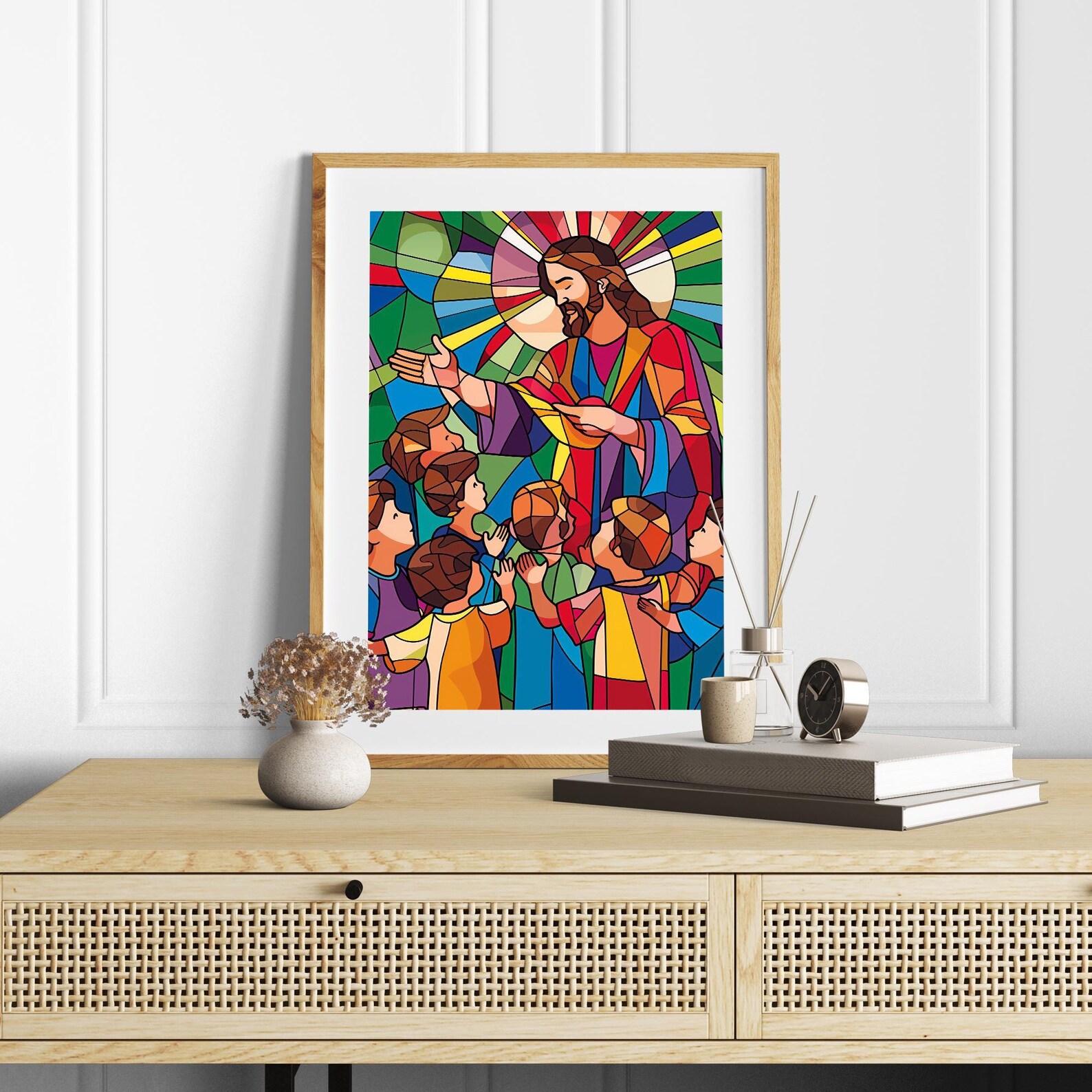 Jesus With Children Stained Glass Style Poster, Christian Wall Art for ...