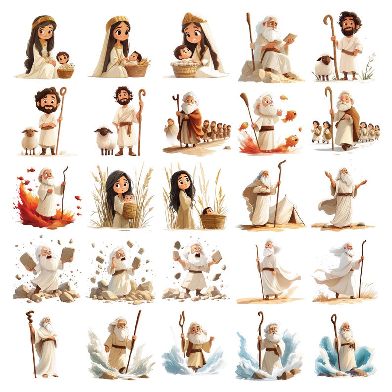 Moses Bible Story Clipart, Cute Cartoon Christian PNG Set, Kids Bible ...