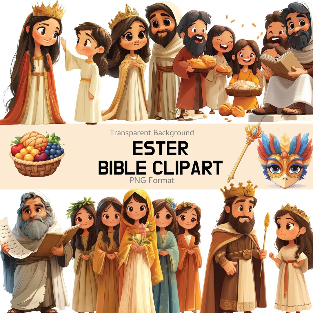 Cute Cartoon Esther Clipart PNG Set, Queen Esther Bible Story for Kids ...