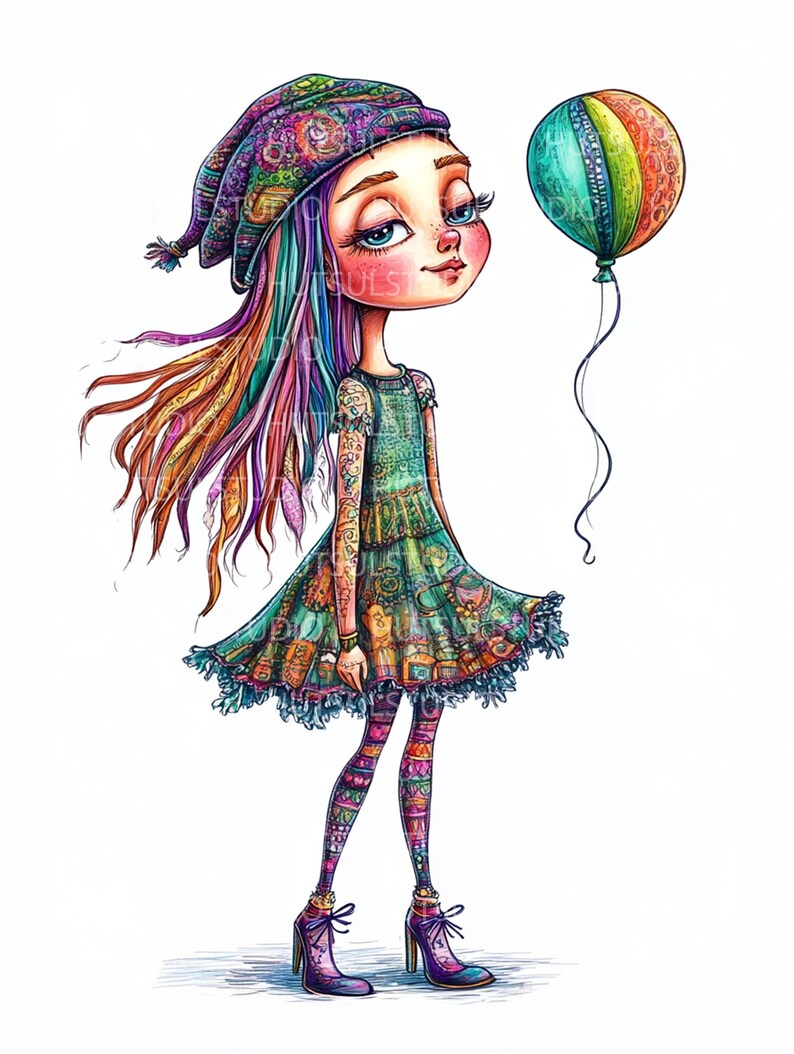 10 PNG Birthday Quirky Girl Clipart, Girl With Balloons and Gifts, Cute ...