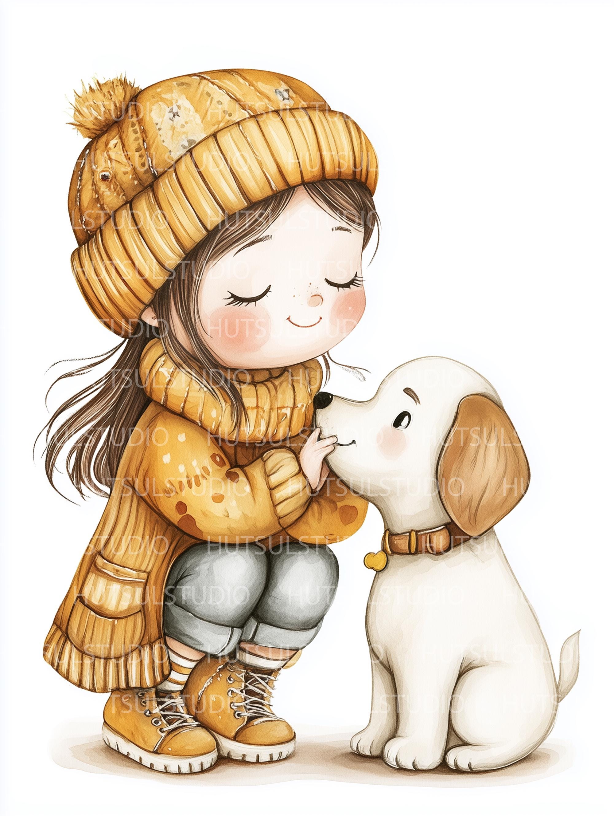10PNG Cute Girl With Dog Clipart, Adorable Watercolor Art, Friendship ...
