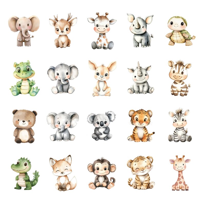 20PNG Cute Baby Animals, Watercolor Safari Portraits Clipart, Baby ...