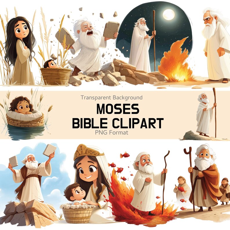 Moses Bible Story Clipart, Cute Cartoon Christian PNG Set, Kids Bible ...
